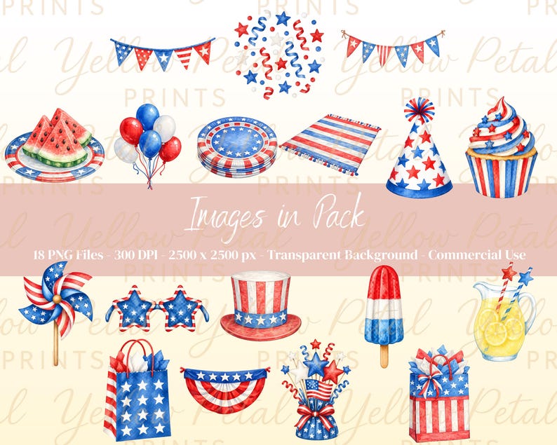 4th of July Clipart Bundle, Patriotic Party Watercolor Graphics, Red ...