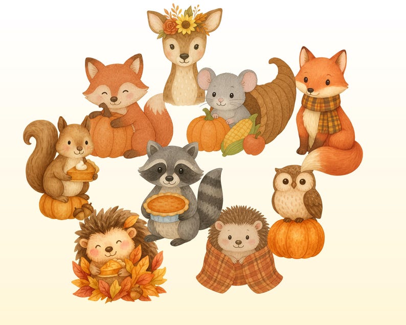Woodland Friendsgiving Watercolor Clipart, Thanksgiving Animals, Rustic ...