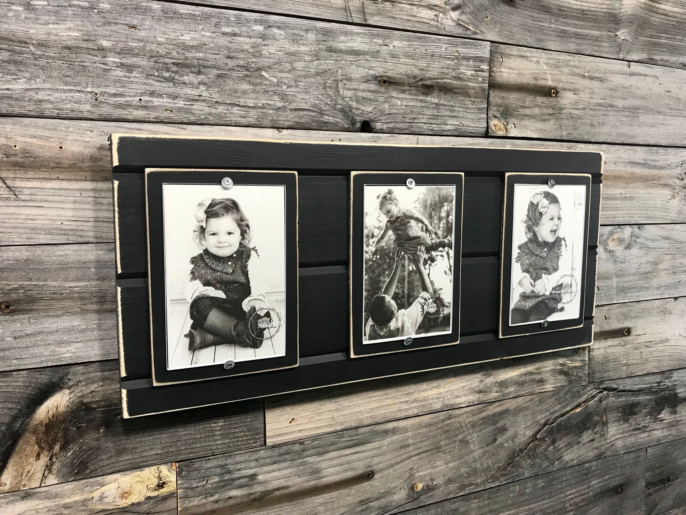 Distressed wood collage picture frame triple 4x6 black | Etsy