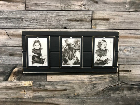 Distressed wood collage picture frame triple 4x6 black | Etsy