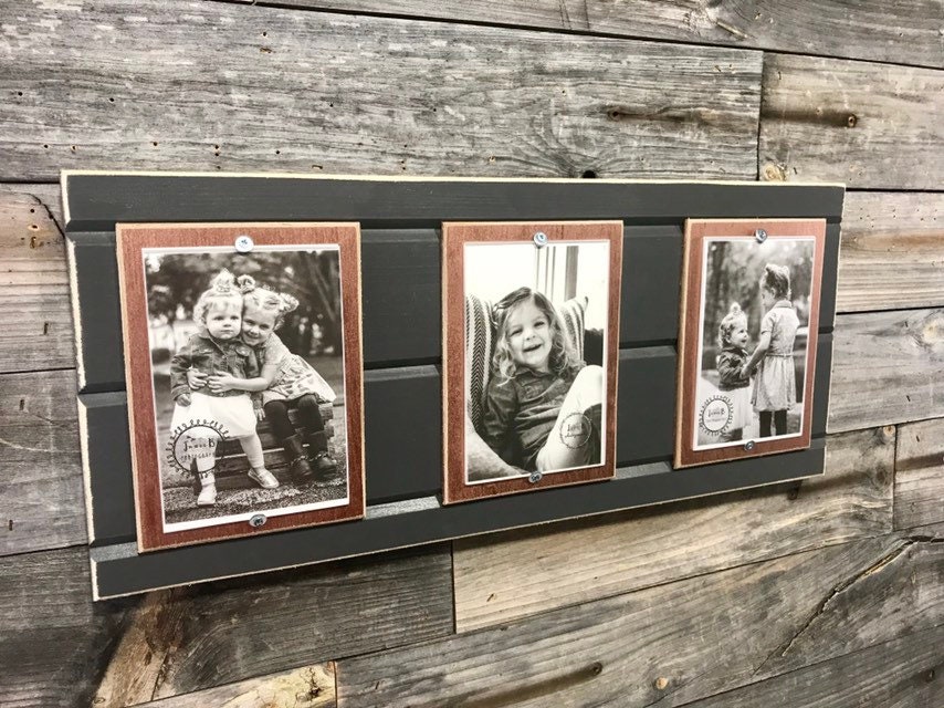 Distressed wood collage picture frame triple 4x6 dark grey and | Etsy