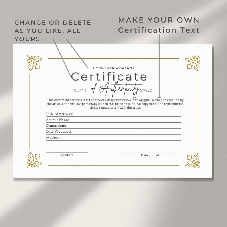 Editable Certificate of Authenticity for Artwork Template, Printable ...