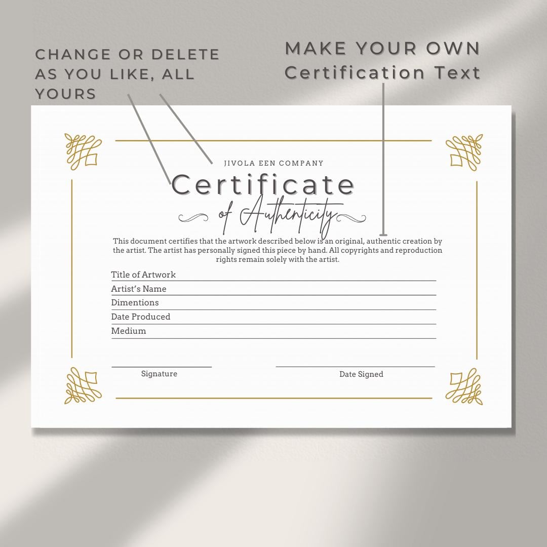 Editable Artist Certificate of Authenticity Template (digital Download ...