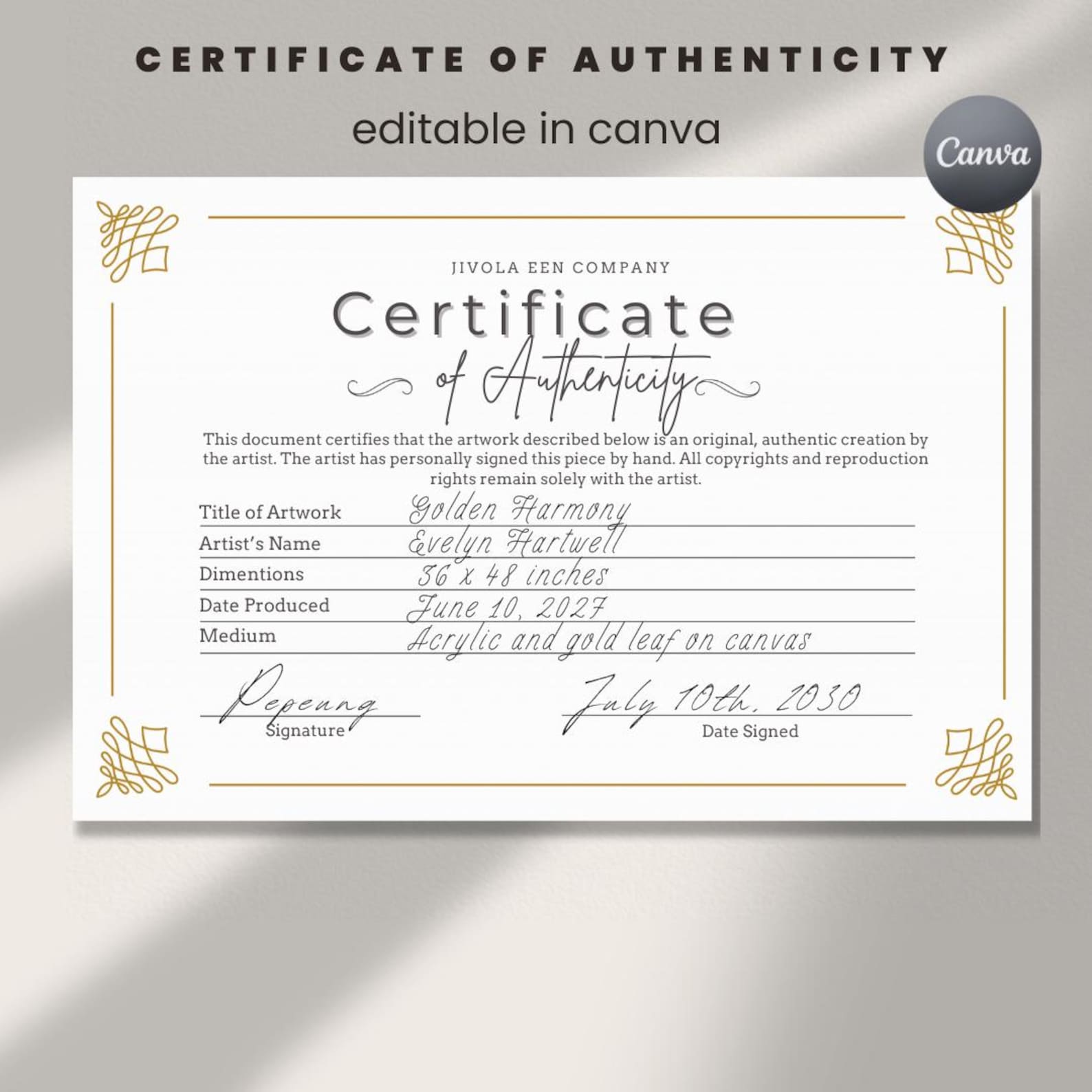 Editable Artist Certificate of Authenticity Template (digital Download ...
