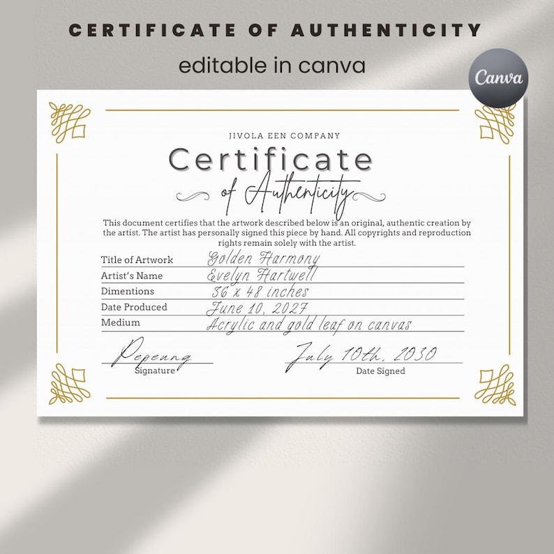 Editable Certificate of Authenticity for Artwork Template, Printable ...