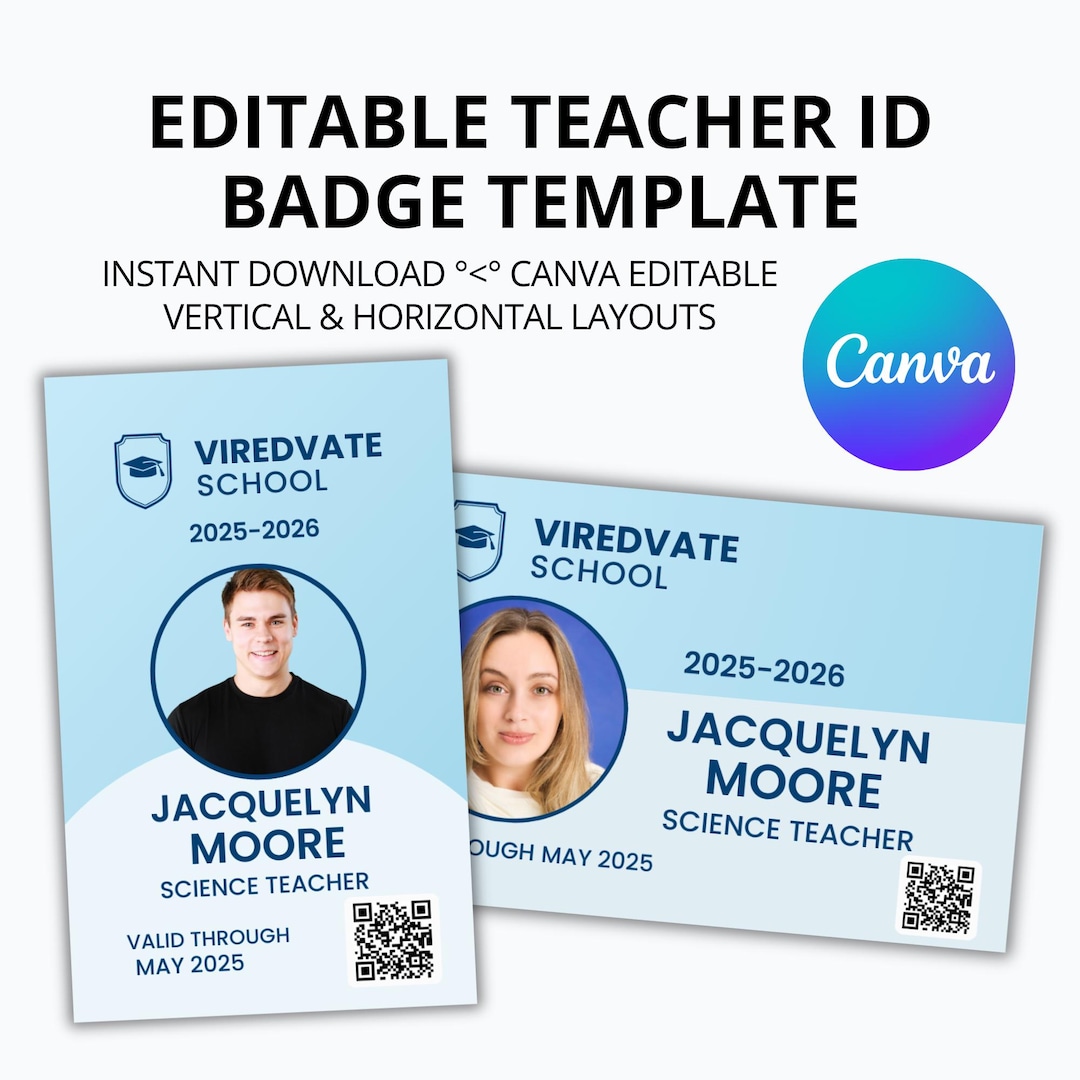 Teacher ID Card Template | Editable School Name Badge | Custom Teacher ...