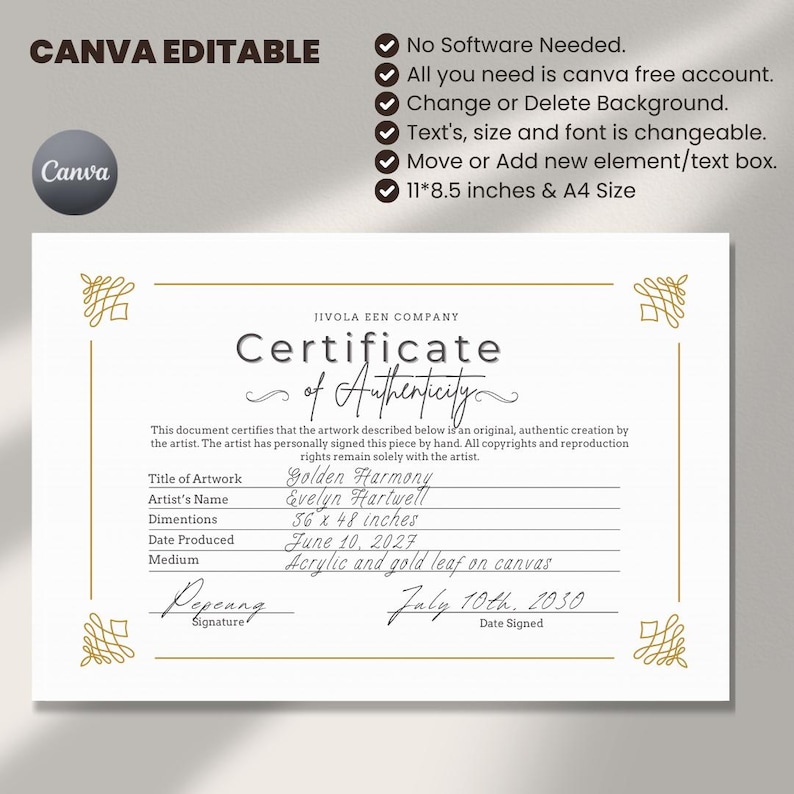 Editable Artist Certificate of Authenticity Template (digital Download ...