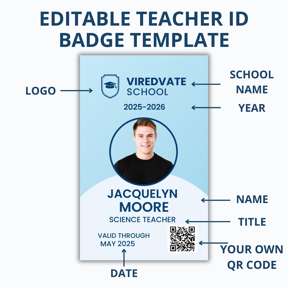 Teacher ID Card Template | Editable School Name Badge | Custom Teacher ...