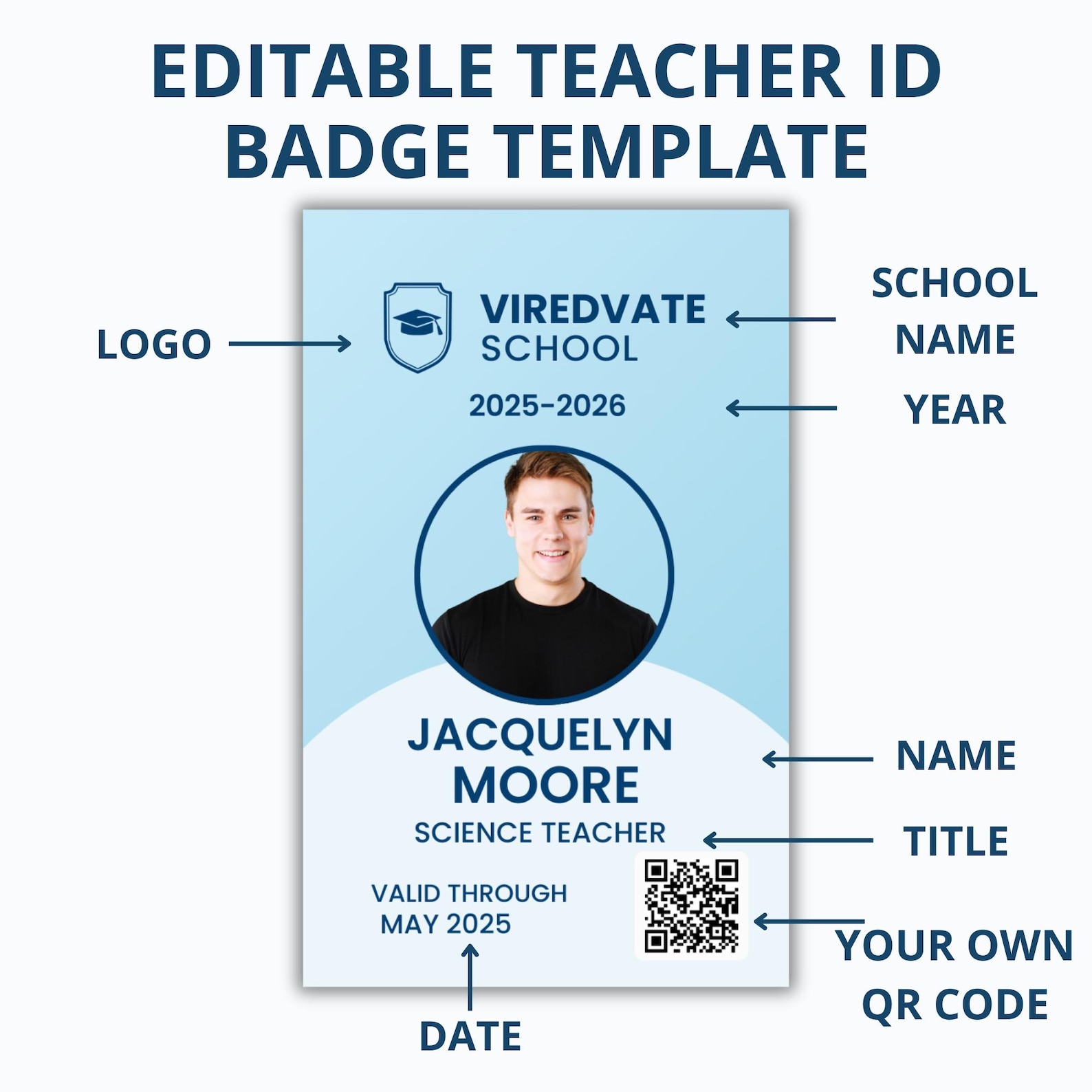Teacher ID Card Template | Editable School Name Badge | Custom Teacher ...