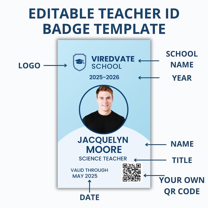 Editable Teacher ID Card Template, Printable Staff Name Badge ...