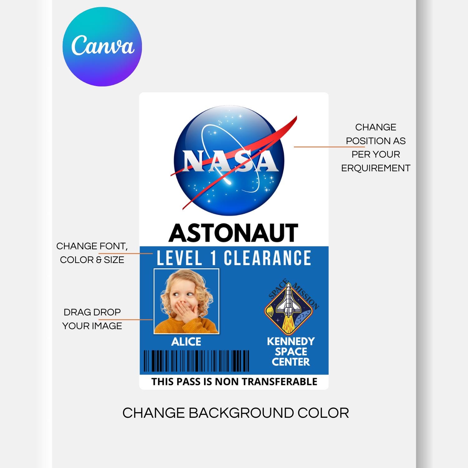 Custom NASA Astronaut ID Badge Template, Printable Name Tag for Cosplay ...