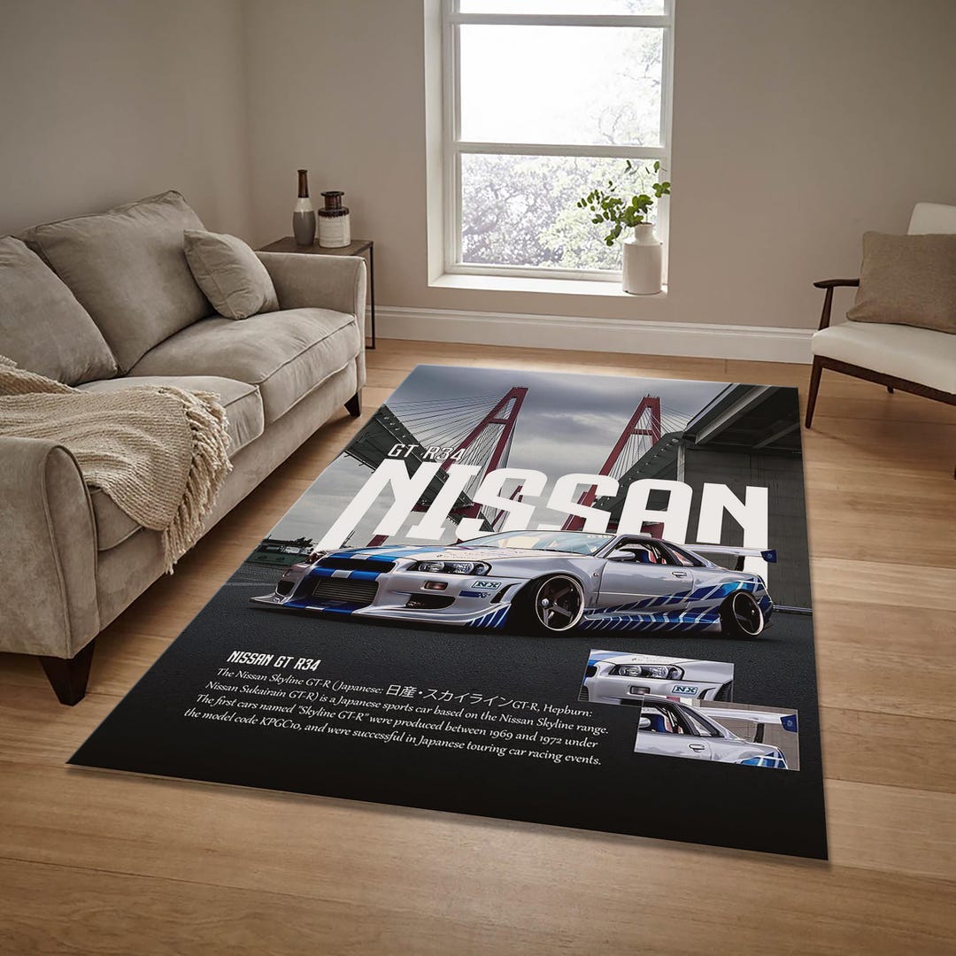 Nissan R34 Rug , Retro Car Rug, Sports Car Print Rug, Gift for Car ...
