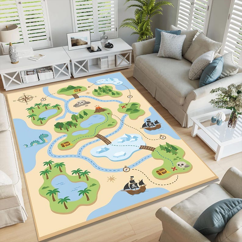 Kids Pirate Treasure Map Rug, Washable Playroom & Nursery Non Slip Area ...