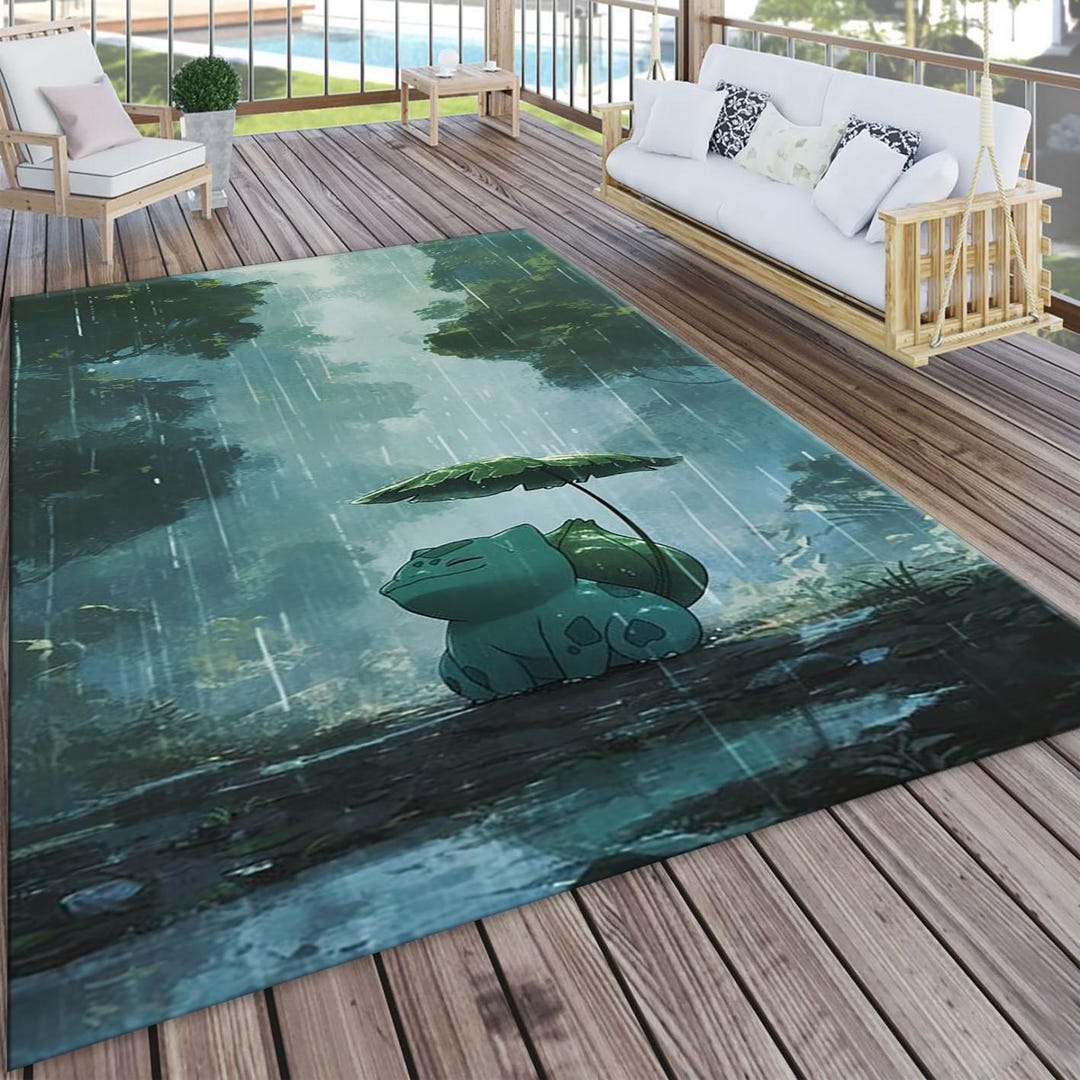 Bulbasaur is Enjoying Himself in the Rain,green and Blue Rug,elegant ...
