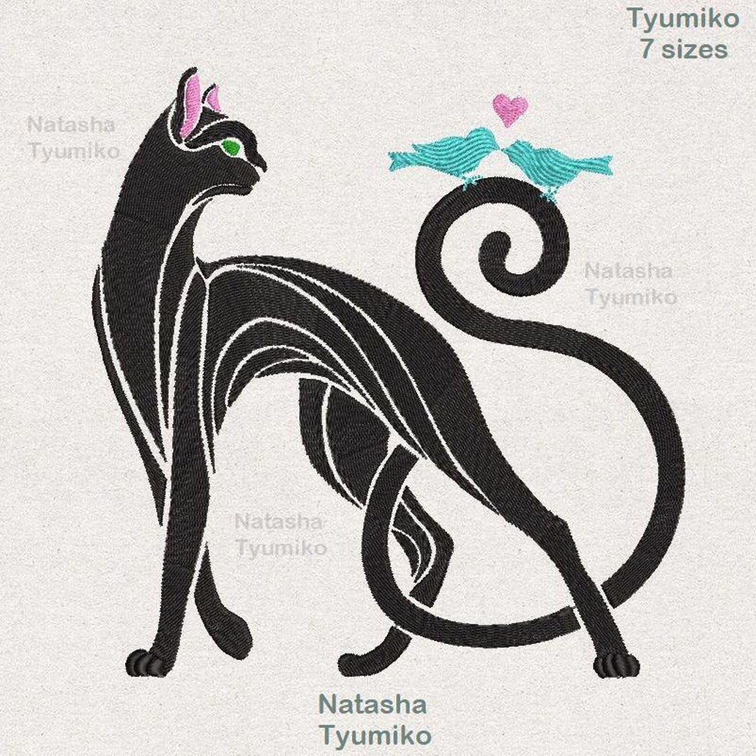 Cat Birds Embroidery Design, Cat Bird and Heart Embroidery Pattern ...