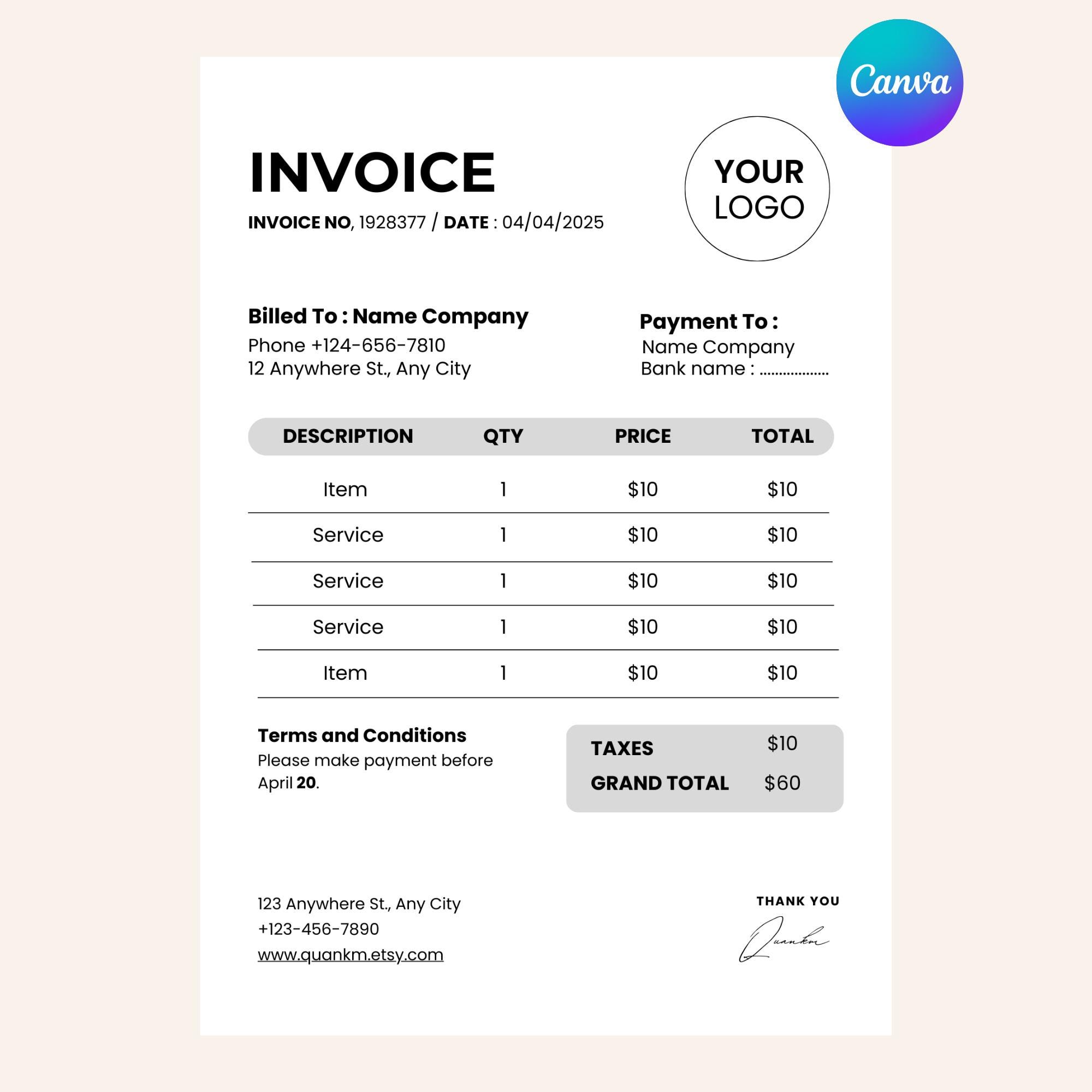 Editable Invoice Template: Professional Design, A4 (canva, Instant ...