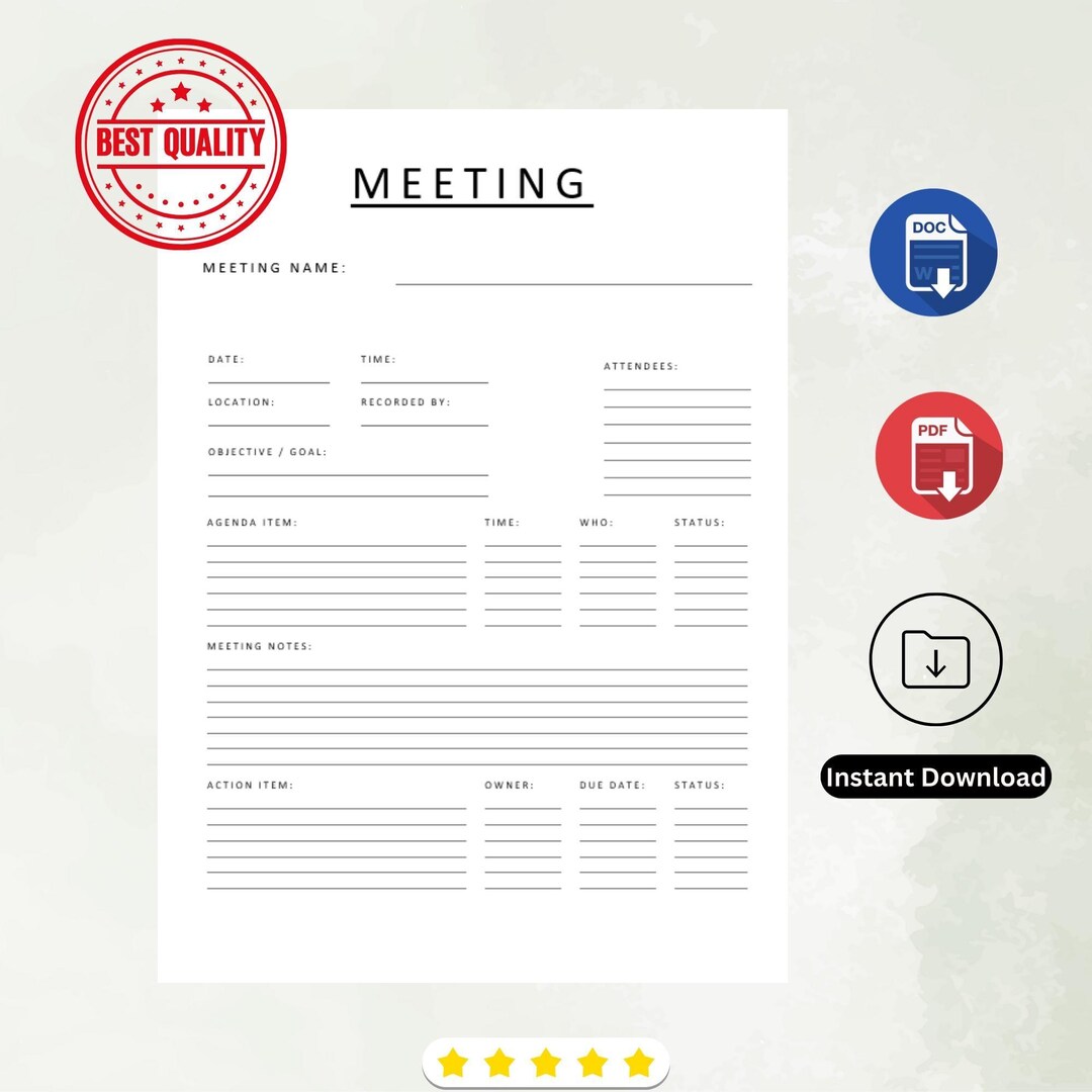 Editable Meeting Minutes Template: Business Agenda Notes (PDF, Word) - Etsy