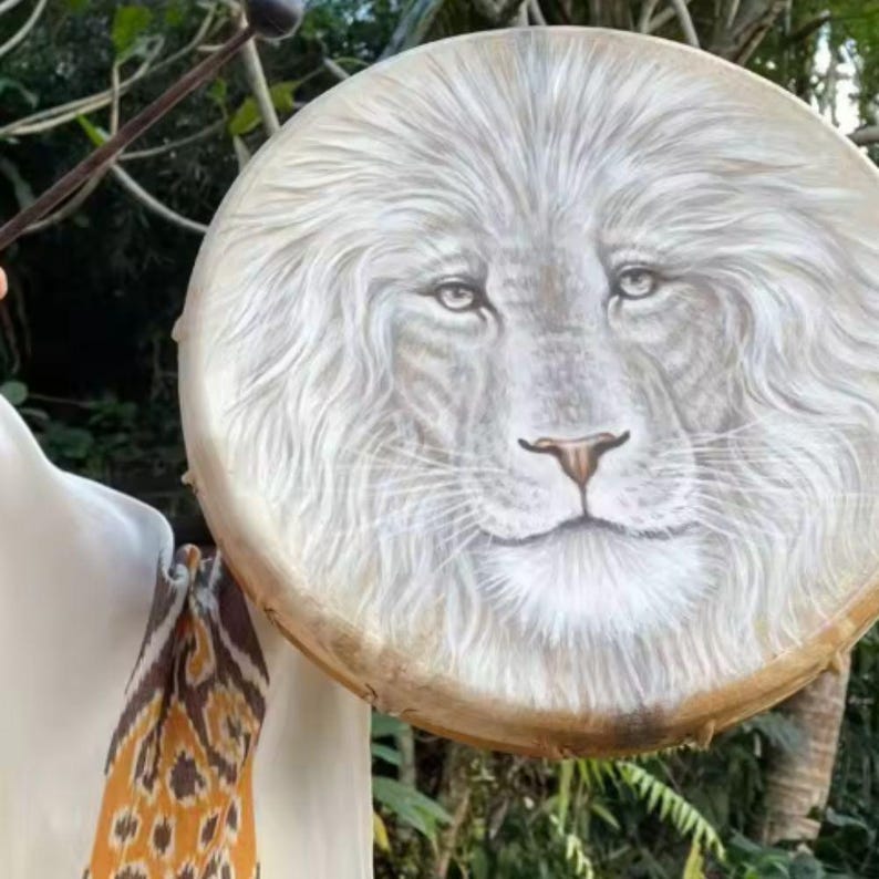 Lion Totem Shamanic Hand Drum: Siberian Frame Drum for Sound Healing ...