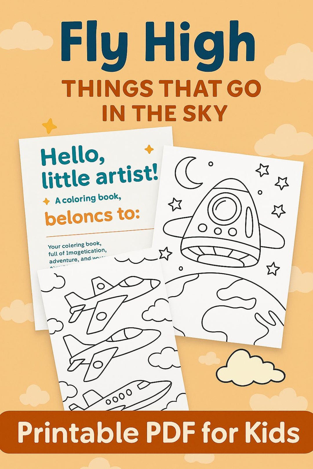 Fly High Coloring Book for Kids – Printable PDF | Planes, Rockets, Hot ...