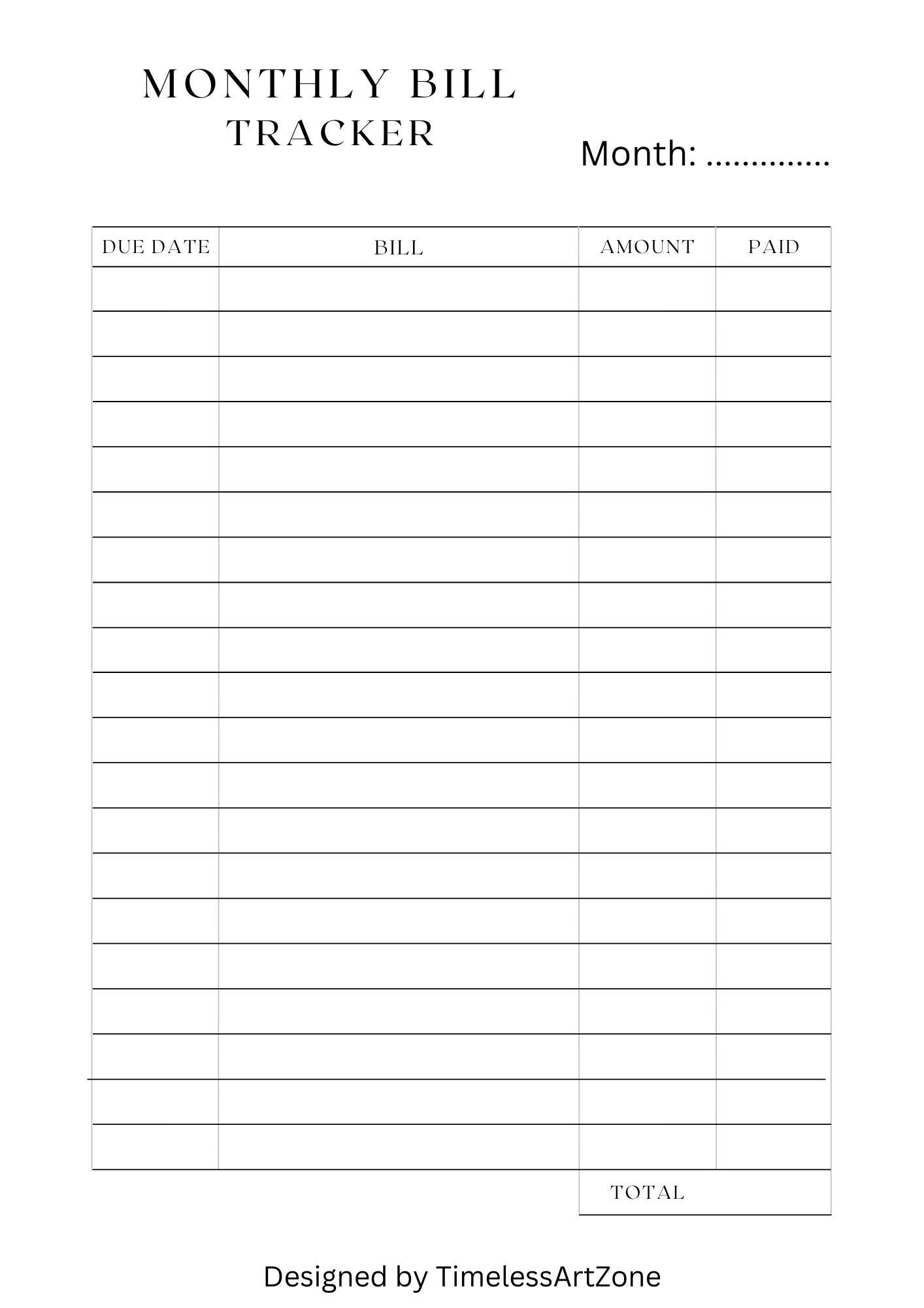 Monthly Bill Tracker Printable: Budget Planner Checklist (downloadable ...