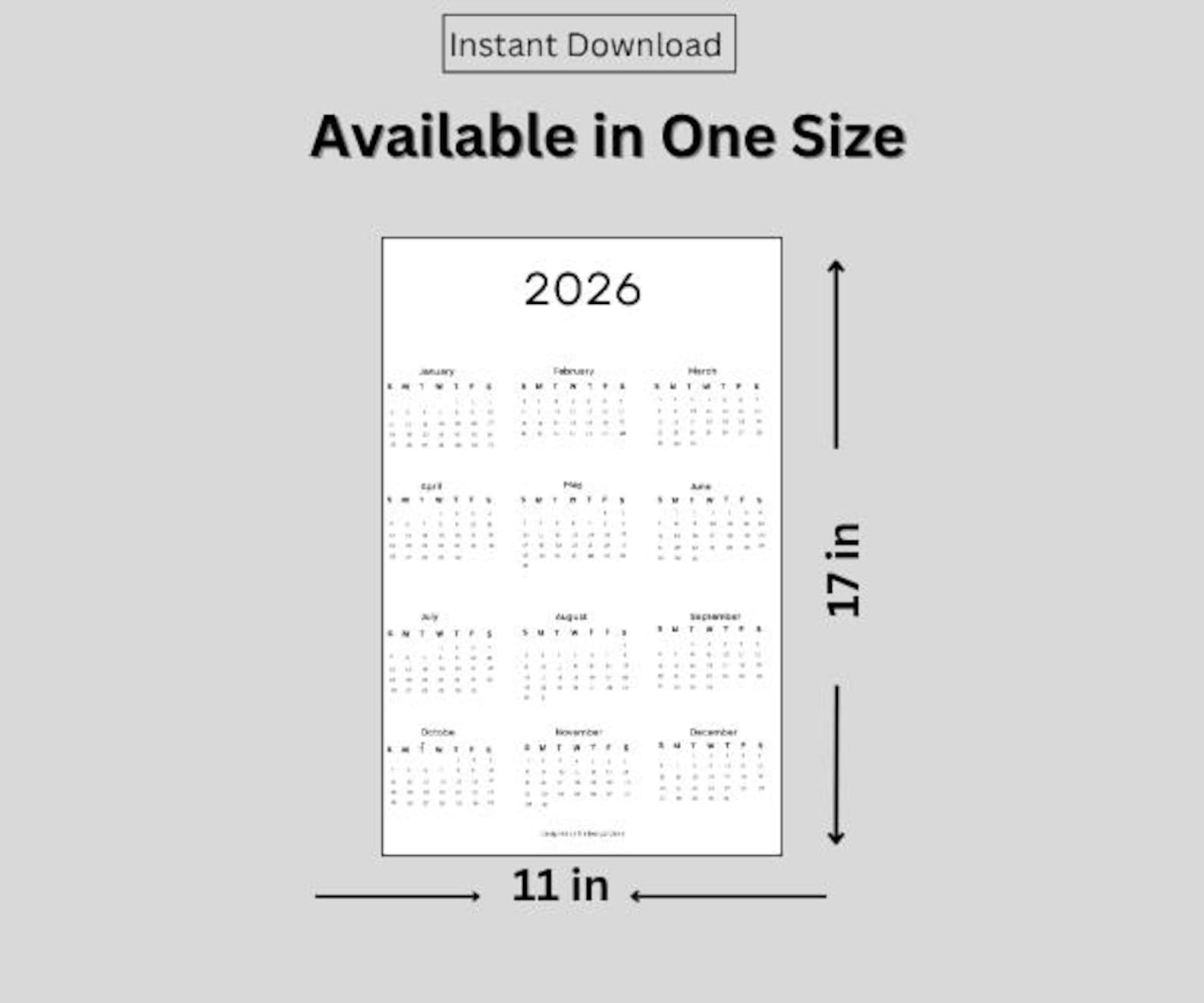 11x17 2026 Year at a Glance Calendar Printable Tabloid Poster Year on ...