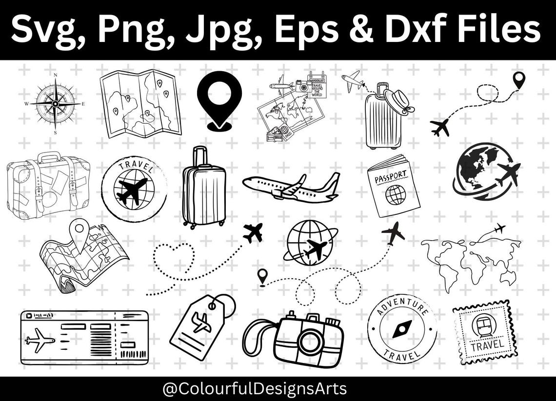 Travel Icon SVG Bundle, Vacation Clipart SVG, Airplane Svg, Luggage ...