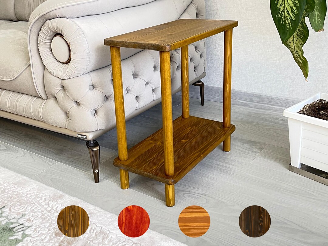 Handmade Real Wood Narrow Side Table Slim 2-tier End Table With Storage ...