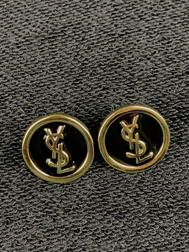 Yves Saint Laurent Gold YSL Logo Black Enamel Stud Earrings - Etsy