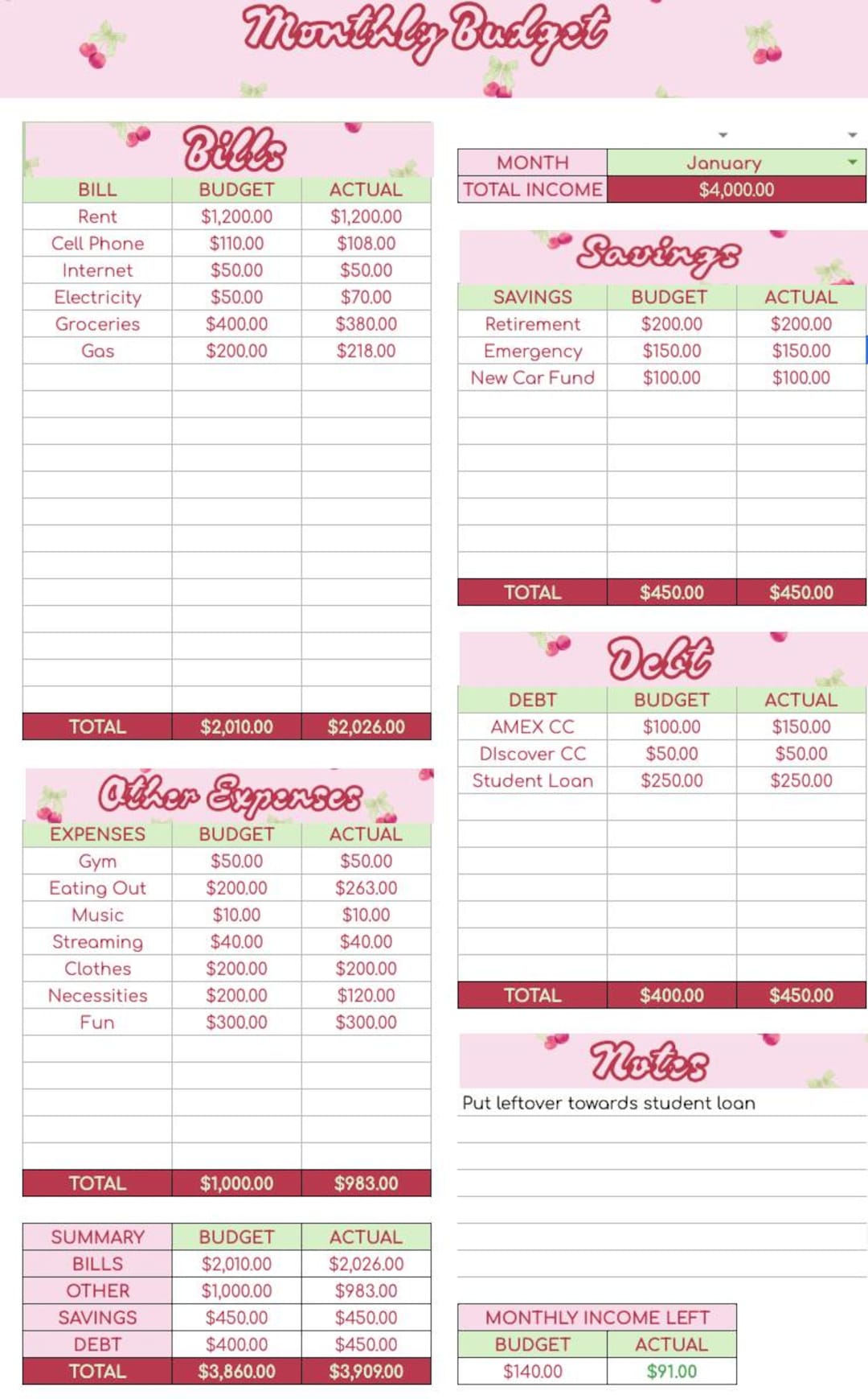 Monthly Paycheck Budget Spreadsheet Google Sheets Template, Girly Bow ...