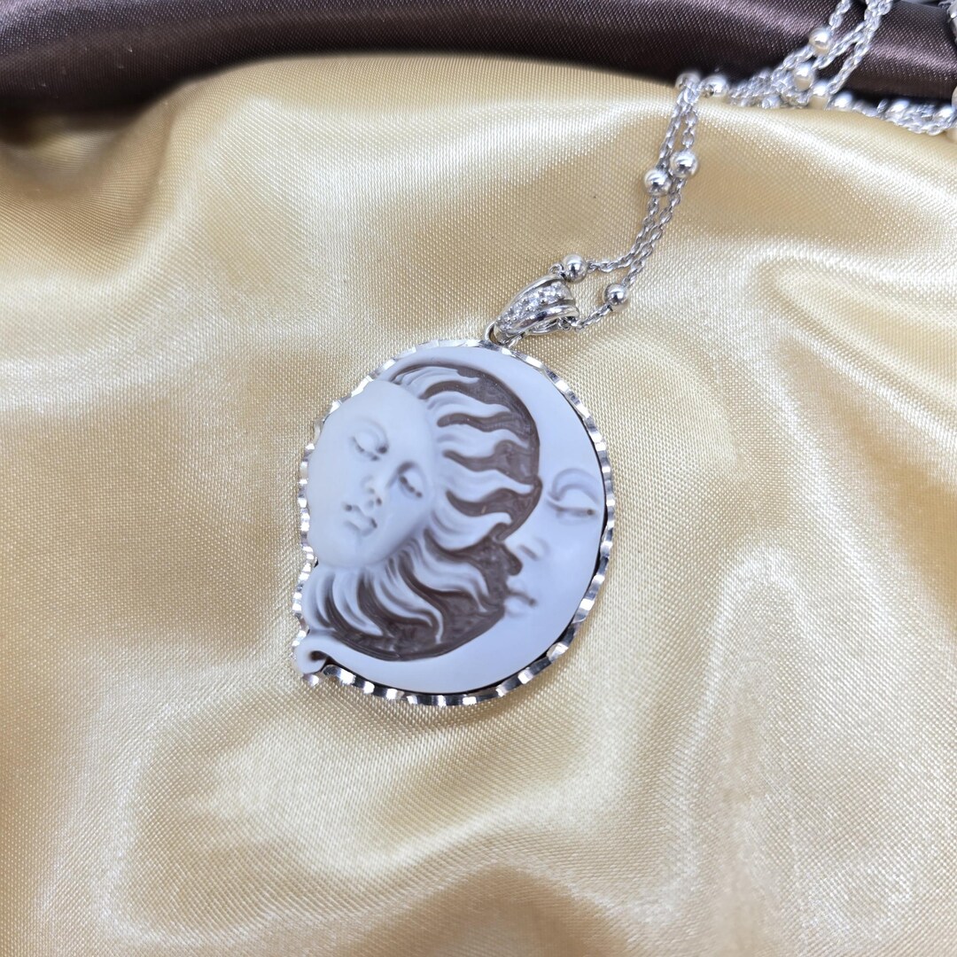 Celestial Cameo Necklace: Sun Moon Shell Pendant, Sterling Silver 925 ...