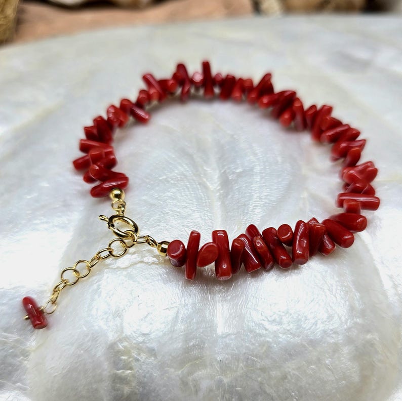 Red Coral Bracelet: Natural Mediterranean Coral Chips, Gold Plated ...