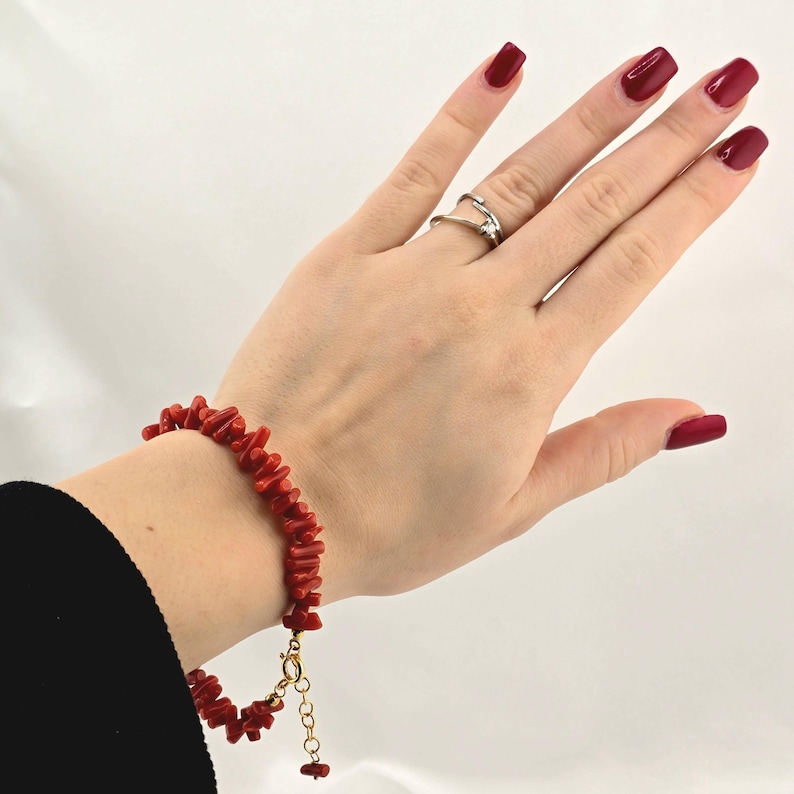 Red Coral Bracelet: Natural Mediterranean Coral Chips, Gold Plated ...