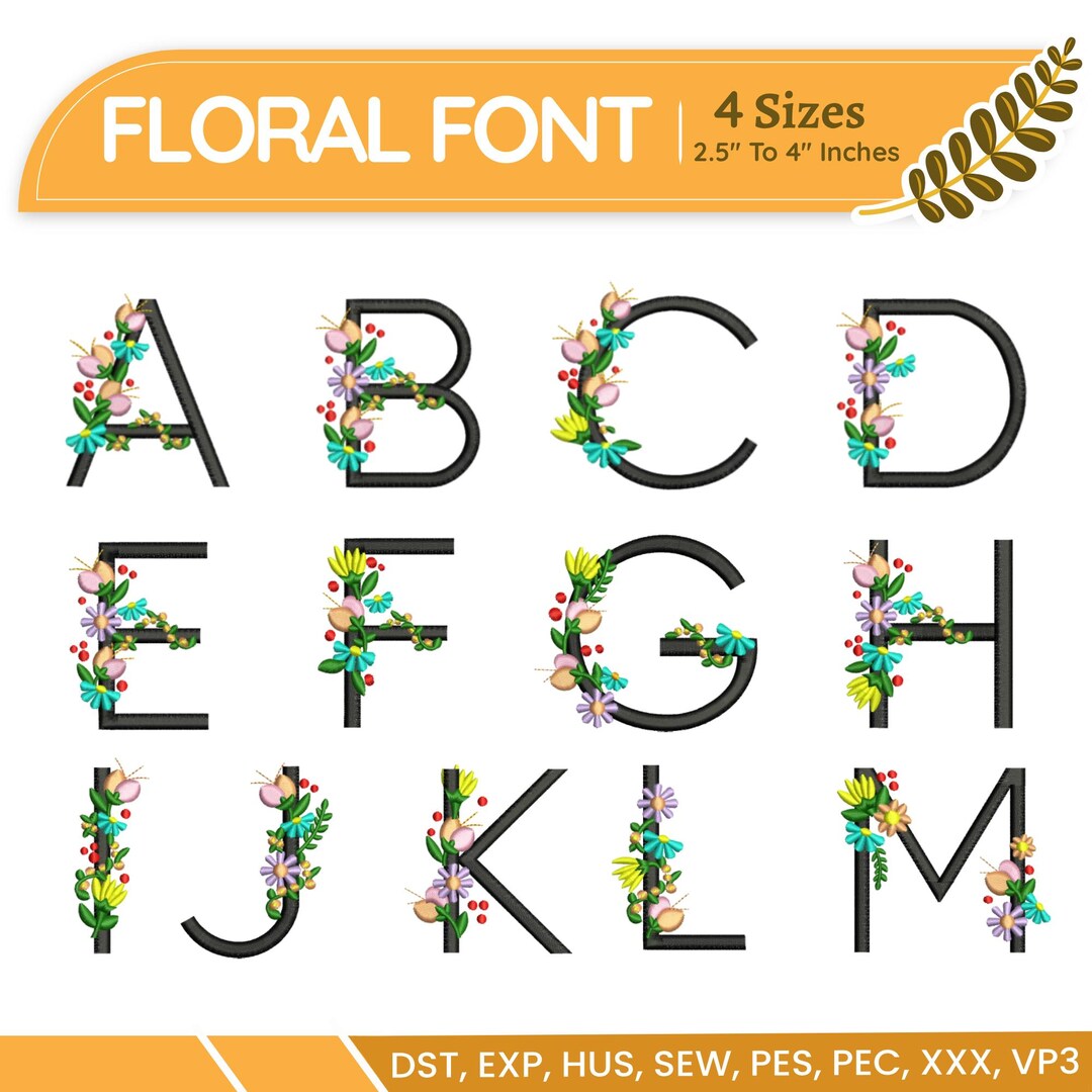 Floral Font Embroidery, A-Z Full Floral Alphabet Machine Embroidery ...
