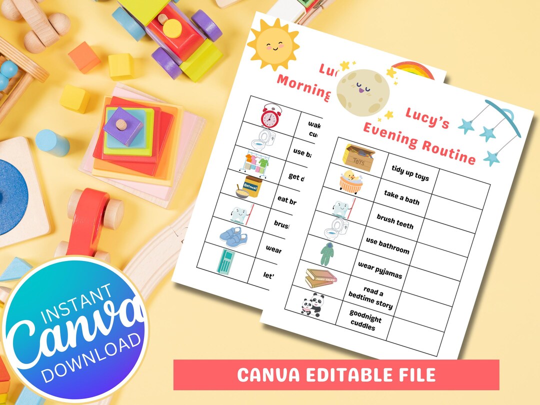 Morning & Evening Routine Chart for Kids - Editable Canva Template ...