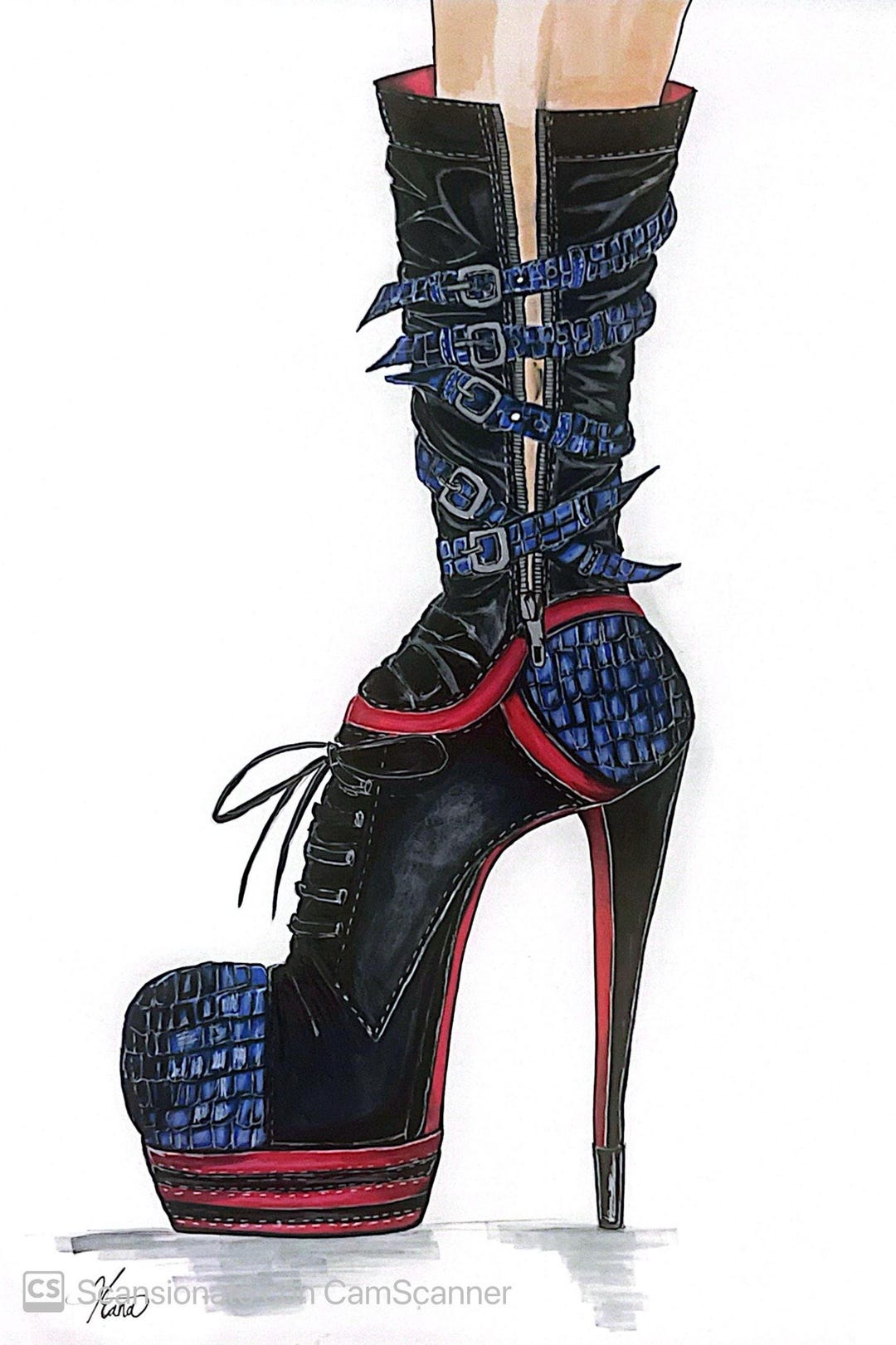 Gothic High Heel Fashion Illustration – A3 Hand-drawn Artwork, Punk ...