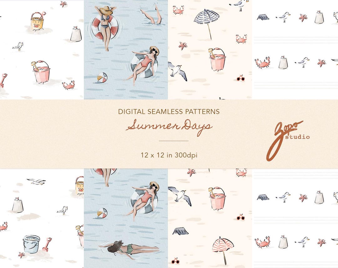 Beach Summer Swimming Paper Pack, Digital Seamless Patterns, Scrapbook ...
