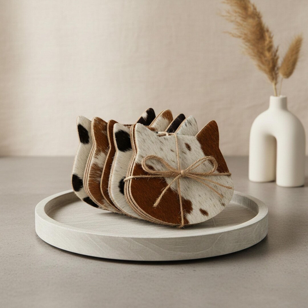 Cowhide Coasters Set of 6 | Round, Cat & Heart Shapes | Natural Hair-on ...
