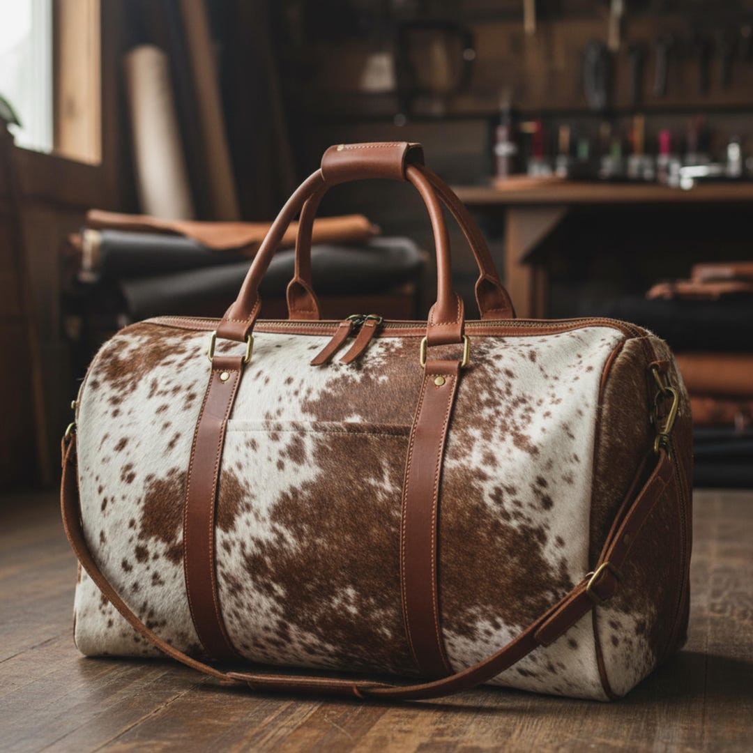 Handmade Cowhide Leather Duffle Bag | Hair-on Hide Weekender ...