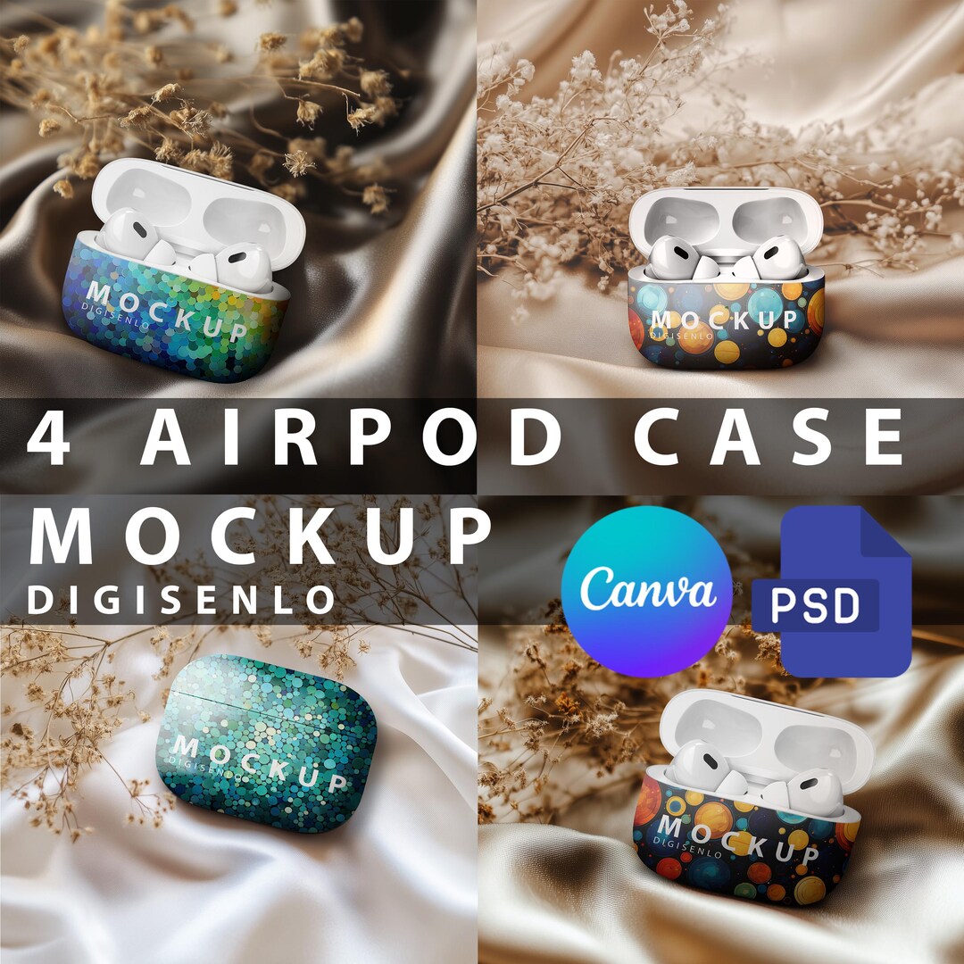 Bundle 4 AirPod Case Mockup Templates, Easy Edit Canva & PSD Mockup ...