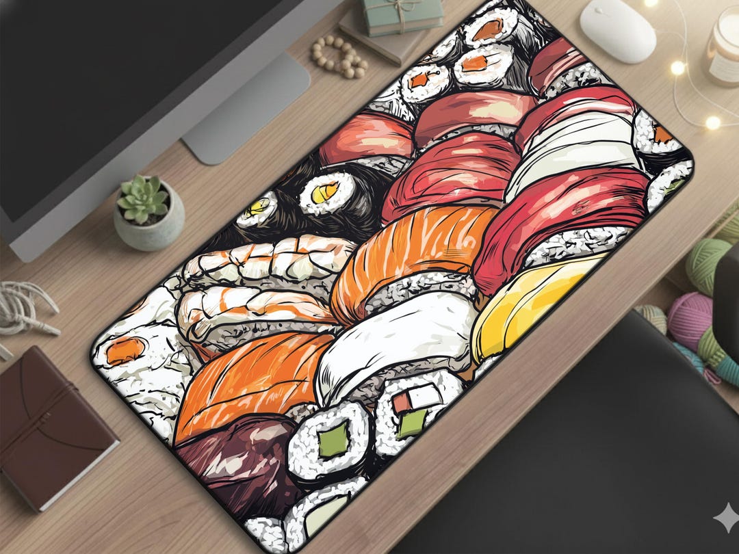 Sushi Platter Desk Mat Mouse Pad Hand Drawn Illustration Ink Wash Style ...