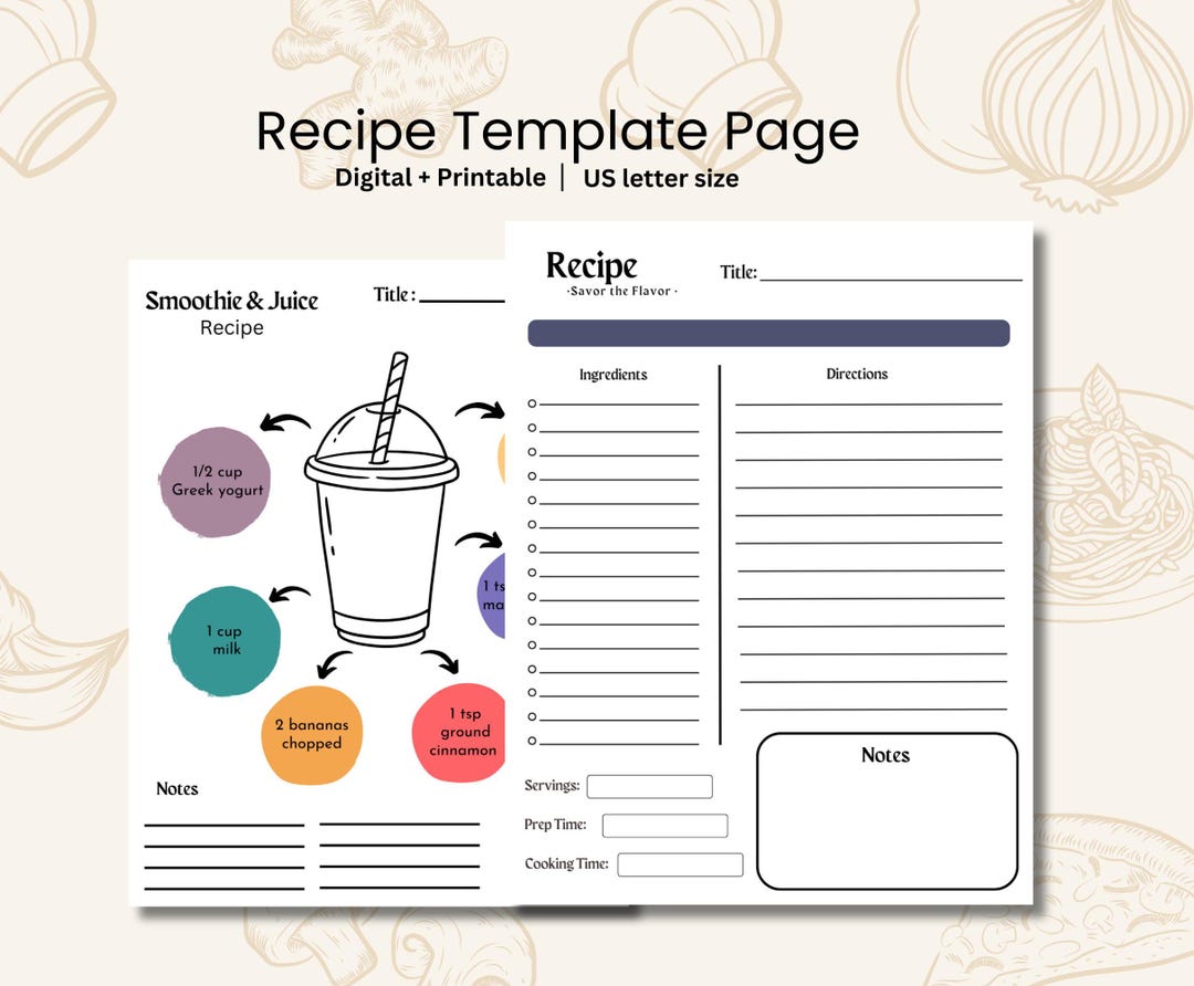 Recipe Template Page, Smoothie & Juice Template, Printable and Digital ...