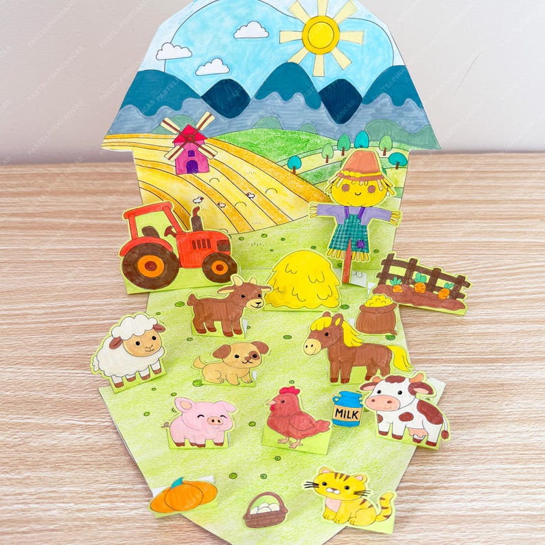 Printable Farm Scene, Animals, Tractor, Kids Coloring Activity (digital ...