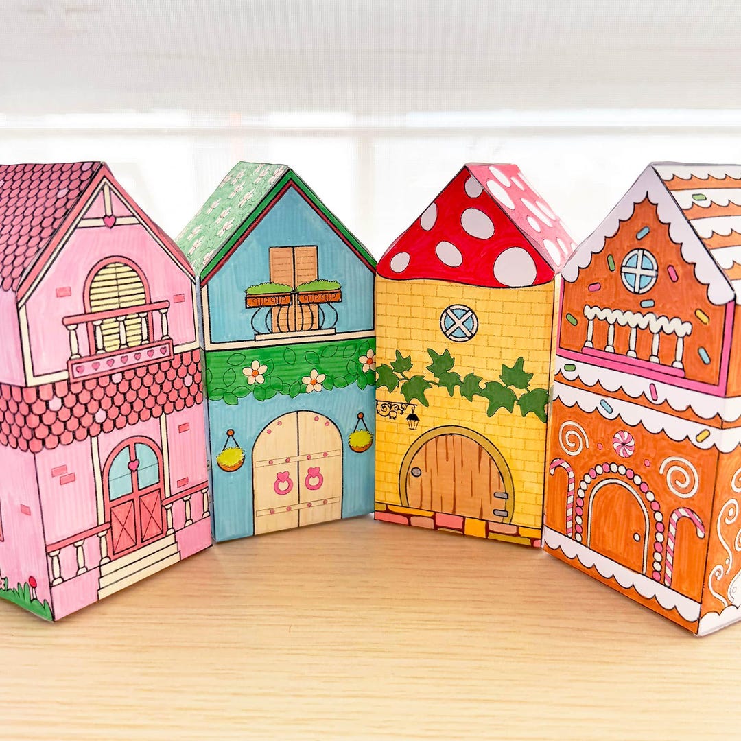 Printable Paper House Coloring + Colored Pages: Kids Craft Activity ...