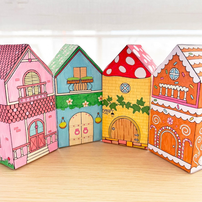 Printable Paper House Coloring + Colored Pages: Kids Craft Activity ...
