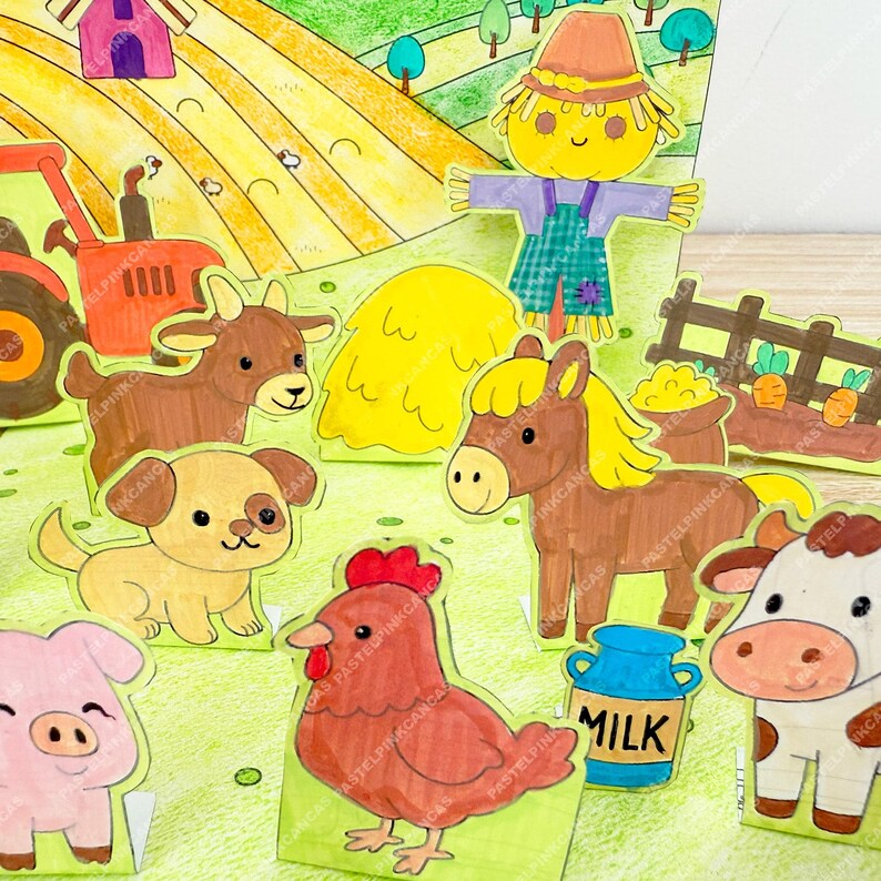 Printable Farm Scene, Animals, Tractor, Kids Coloring Activity (digital ...
