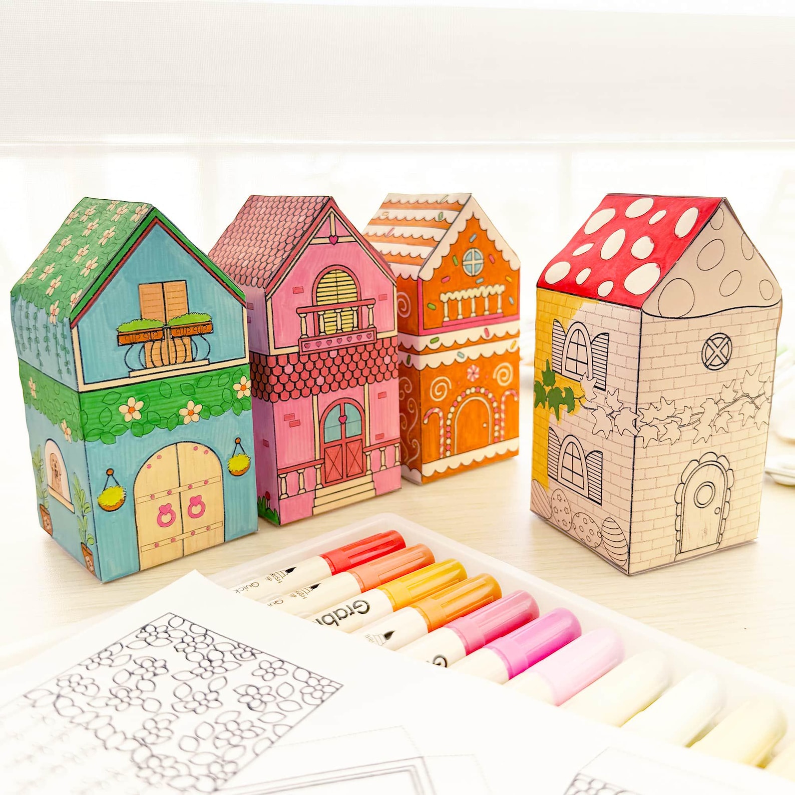 Printable Paper House Coloring + Colored Pages: Kids Craft Activity ...