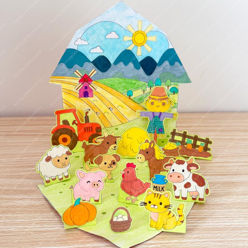 Printable Farm Scene, Animals, Tractor, Kids Coloring Activity (digital ...