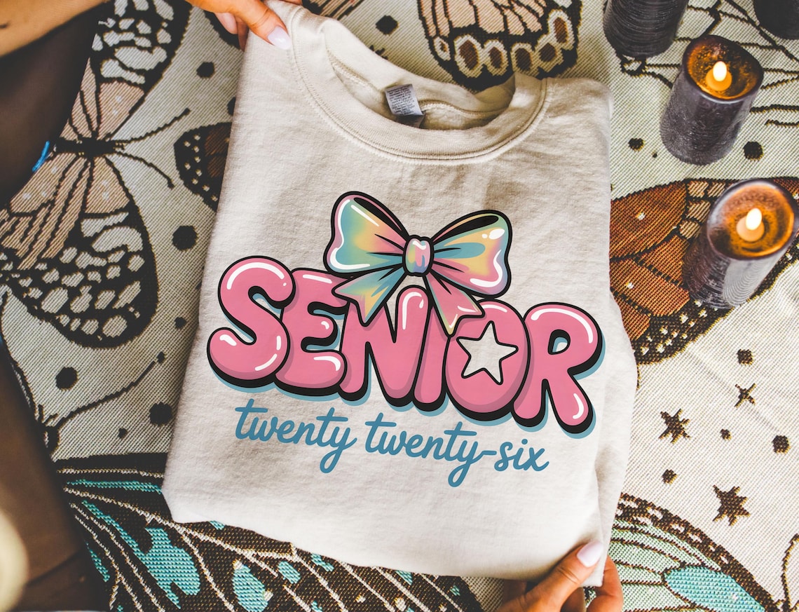 Senior 2026 Bubble Letters PNG With Rainbow Bow, Pink Coquette ...