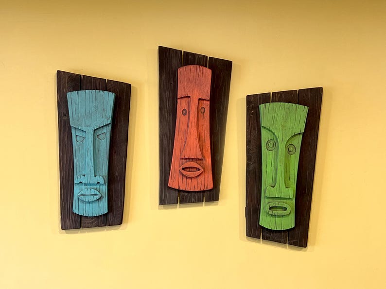 Colorful Tiki Mask Wall Hangings - Mid Century Retro Tropical Decor ...