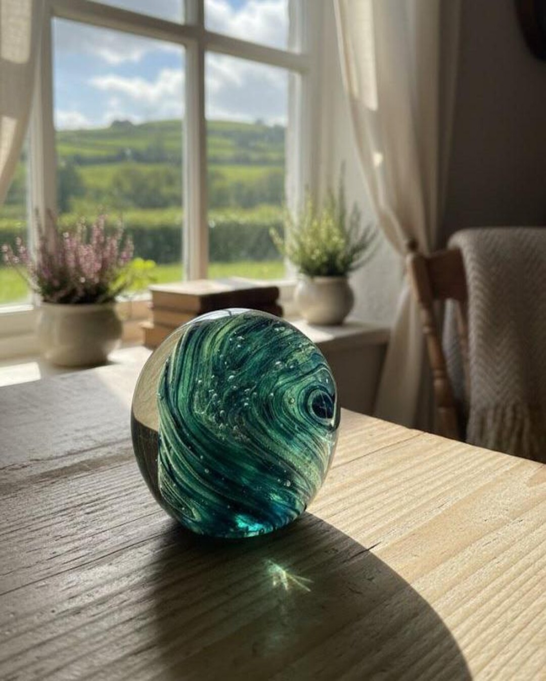 Kerry Glass Magnum Paperweight | Emerald Teal and Navy Ribbon Swirl ...